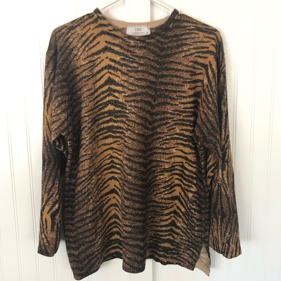 Vintage | Tops | Vintage Tiger Print Sweater Gold Metallic Thread Soft ...